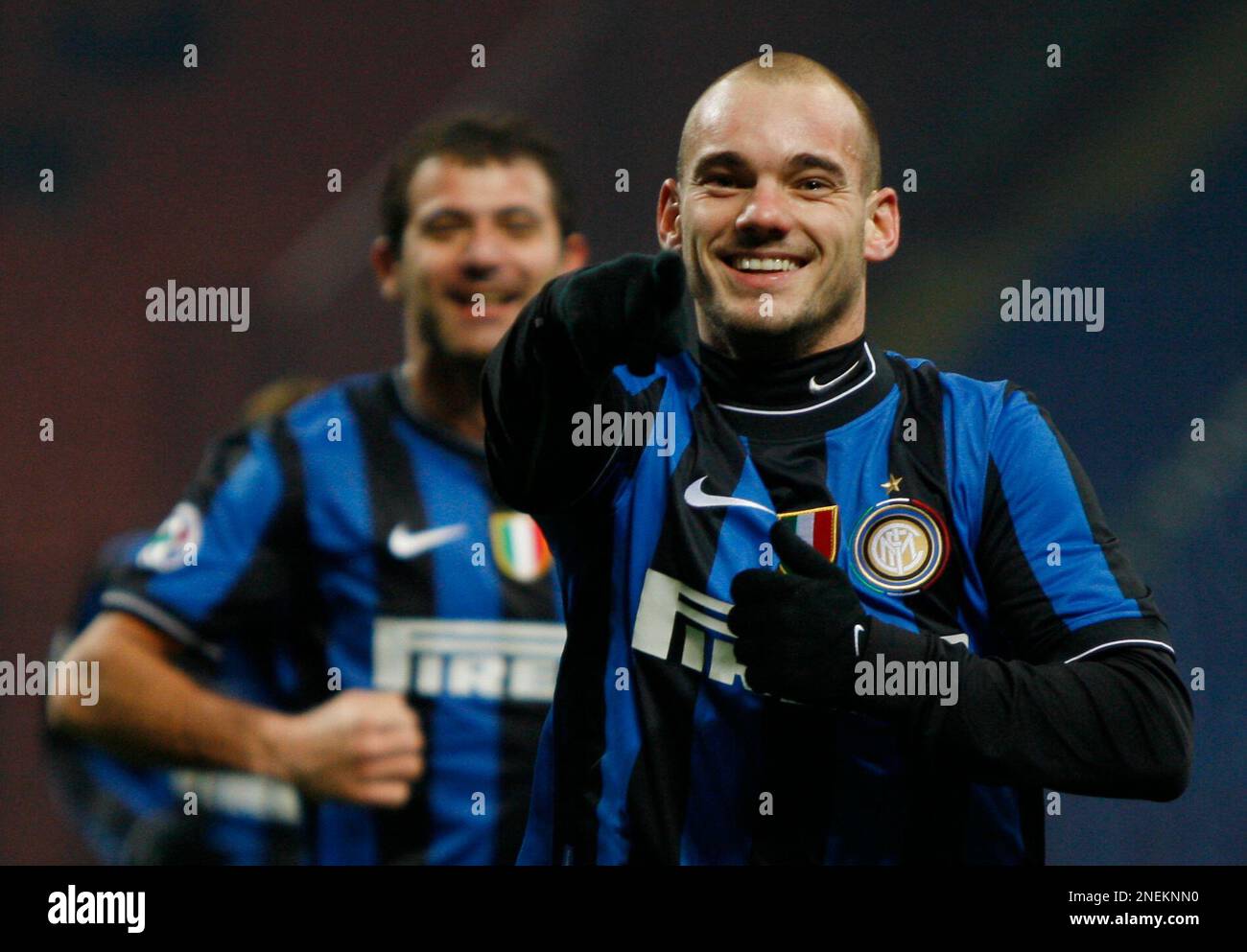 Inter Milan Dutch midfielder Wesley Sneijder reacts after scoring a ...