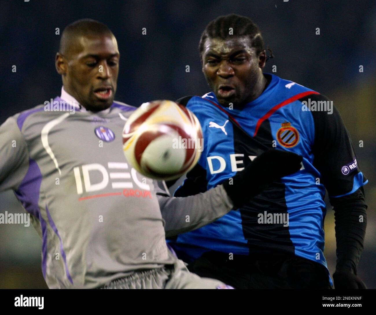 Brugge KV's Dorge Kouemaha, right, vies for the ball with Toulouse FC's ...