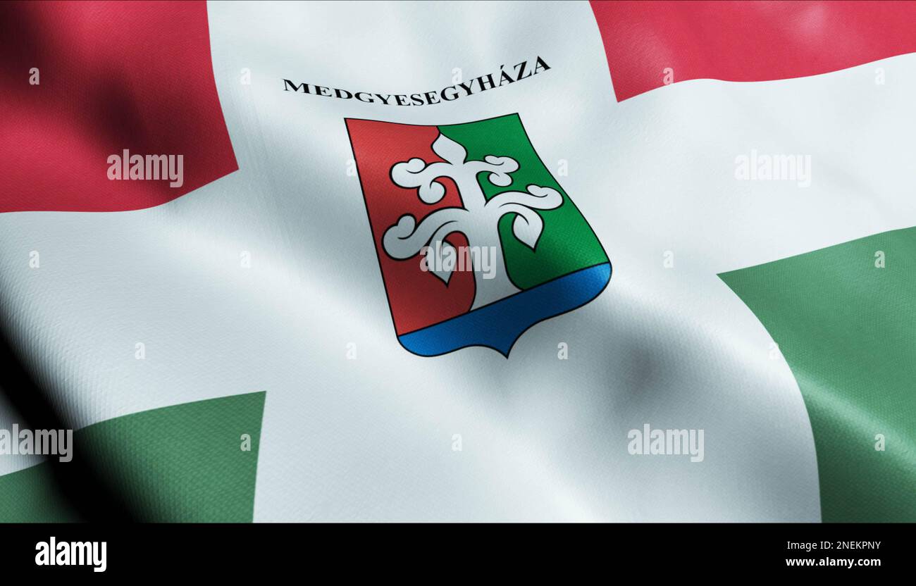 3D Illustration of a waving Hungary city flag of Medgyesegyhaza Stock ...