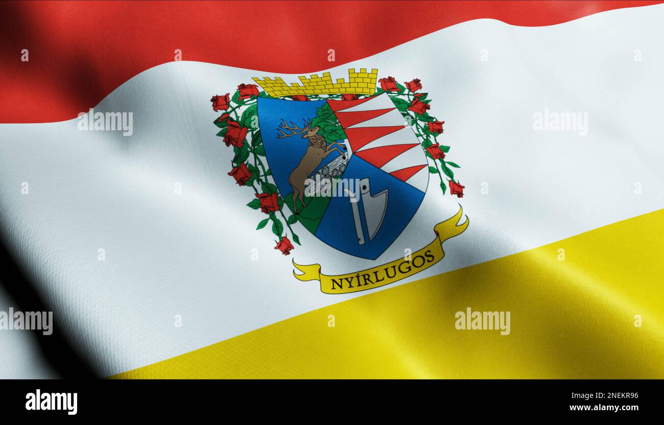 3D Illustration of a waving Hungary city flag of Nyirlugos Stock Photo ...