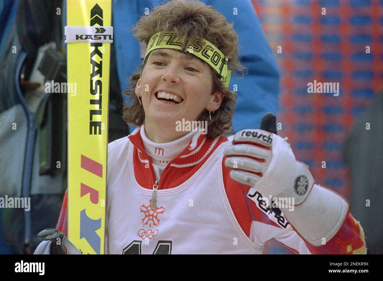 Austrian skier Anita Wachter is all smiles in the finish at Mt. Allan ...