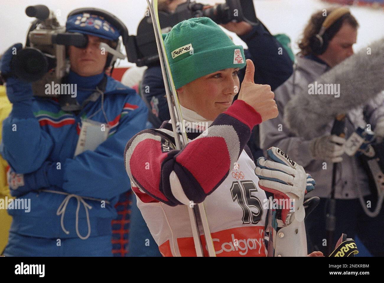 Swiss top skier Maria Walliser shows thumb up in the finish at Mt ...