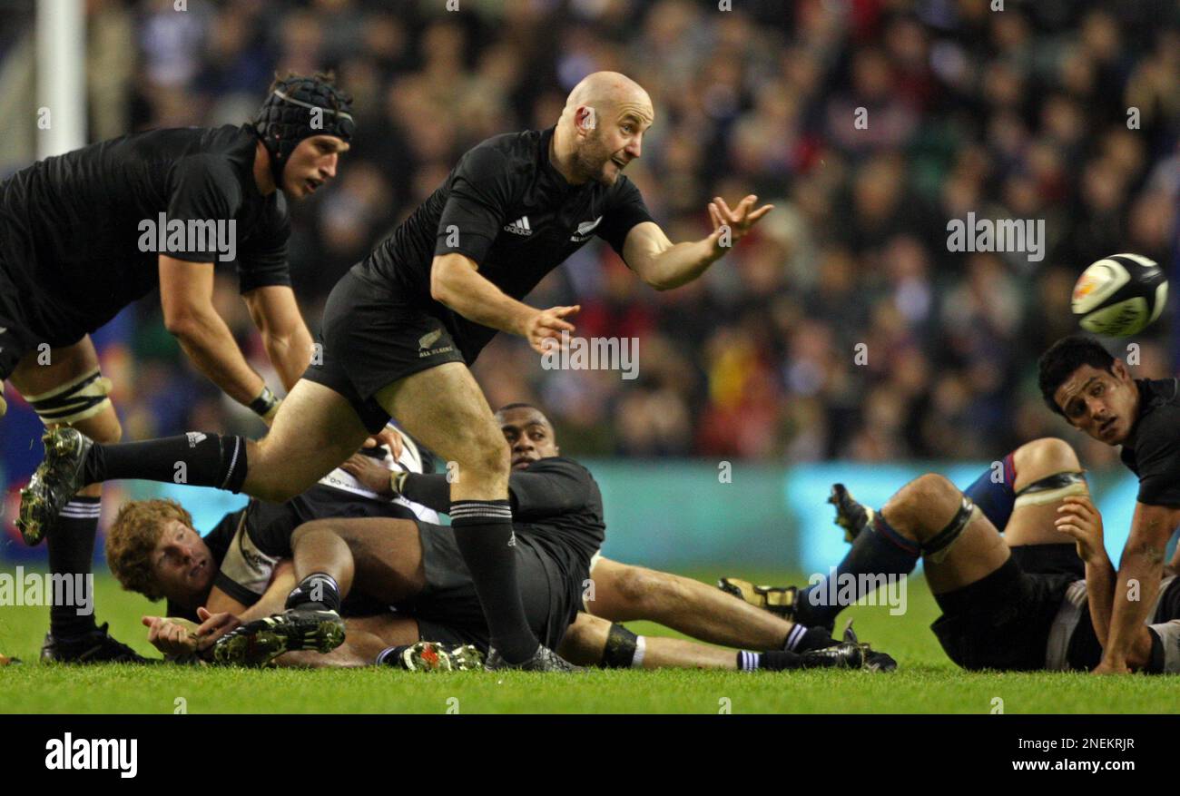 New Zealand's Brendon Leonard gets the ball away during their rugby ...