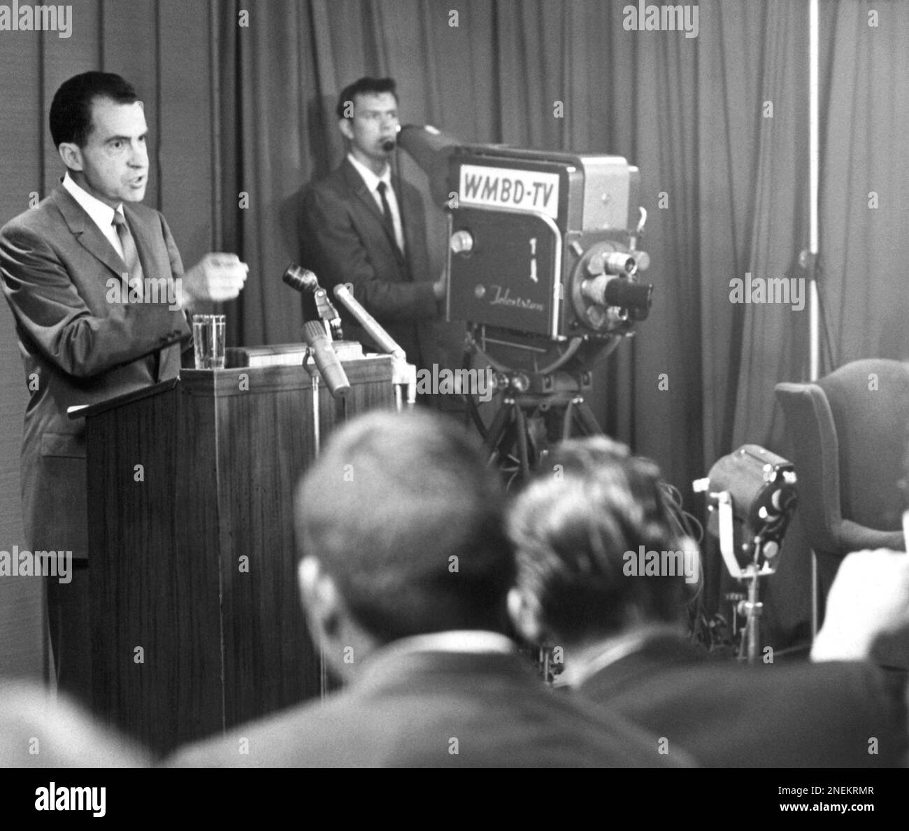 Vice President Richard Nixon speaks to the press during a televised ...