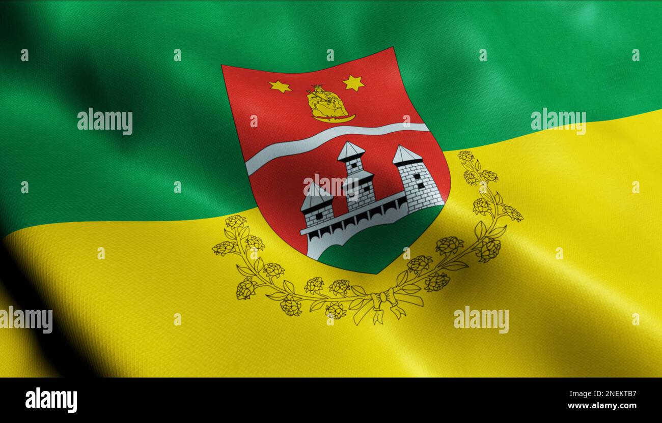 3D Illustration of a waving Hungary city flag of Szendro Stock Photo ...