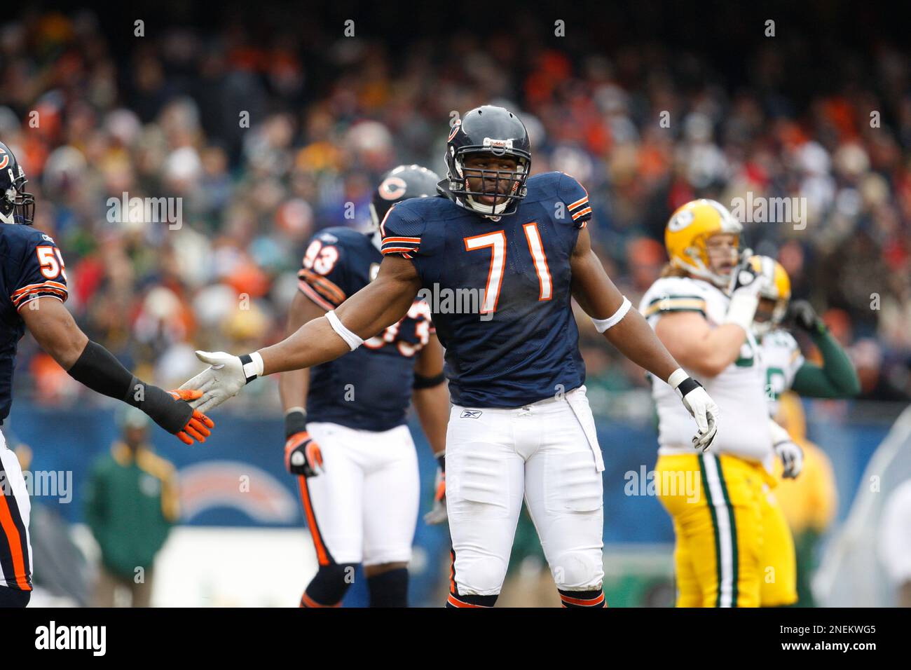 Chicago Bears defensive lineman Israel Idonije (71) reacts during the ...