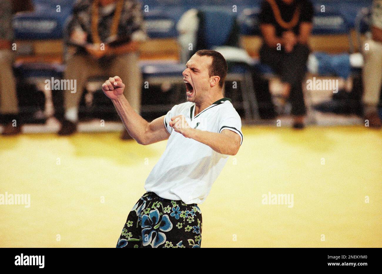 University of Hawaii?s Dejan Miladinovic reacts a team score during ...