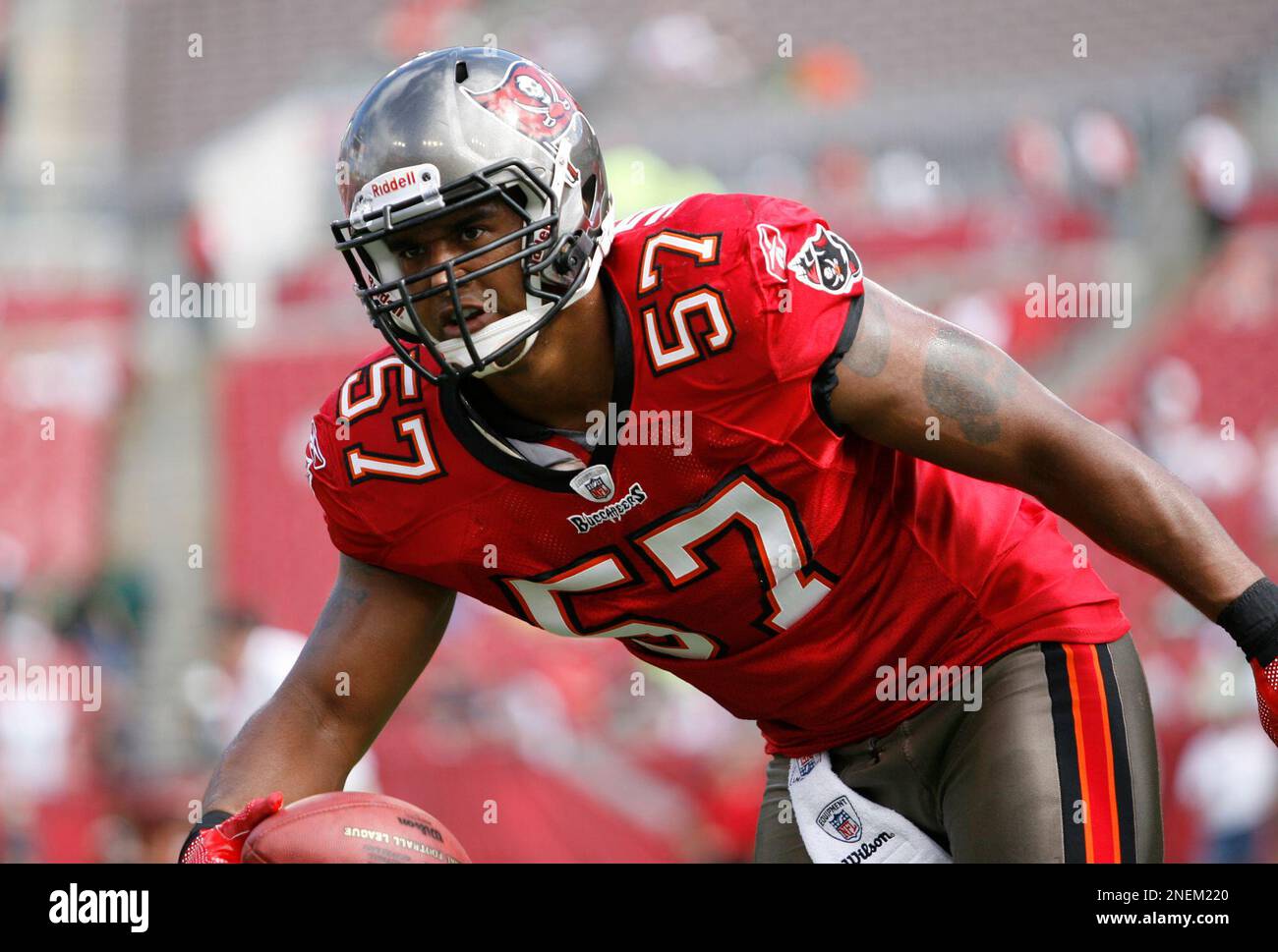 Tampa Bay Buccaneers linebacker Adam Hayward (57) works out before the ...