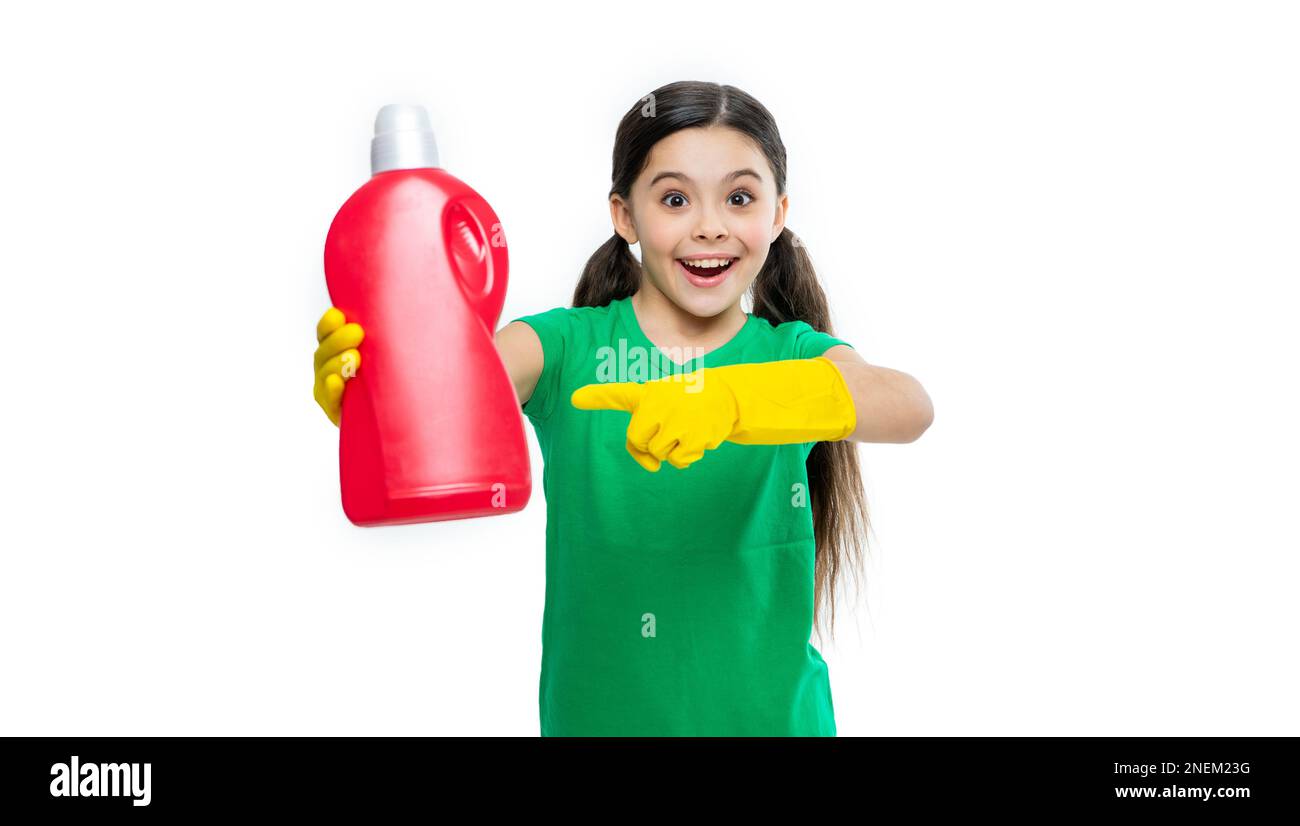girl cleaner presenting detergent on background. photo of girl cleaner ...