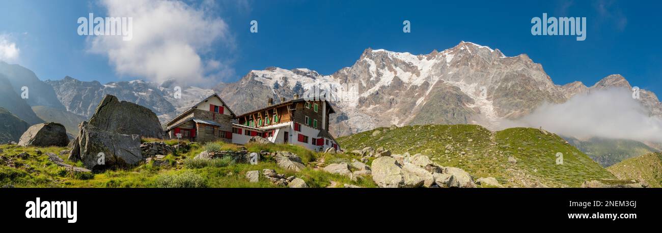 The panorama of Monte Rosa and Punta Gnifetti paks over the Rifugio ...
