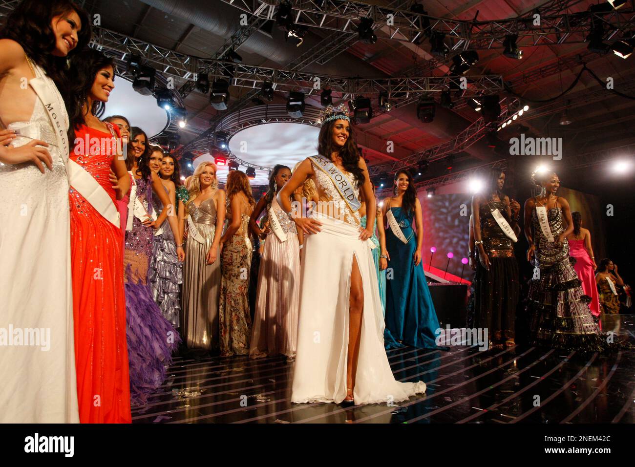 Gibraltar's Kaiane Aldorino, center, after winning the Miss World ...