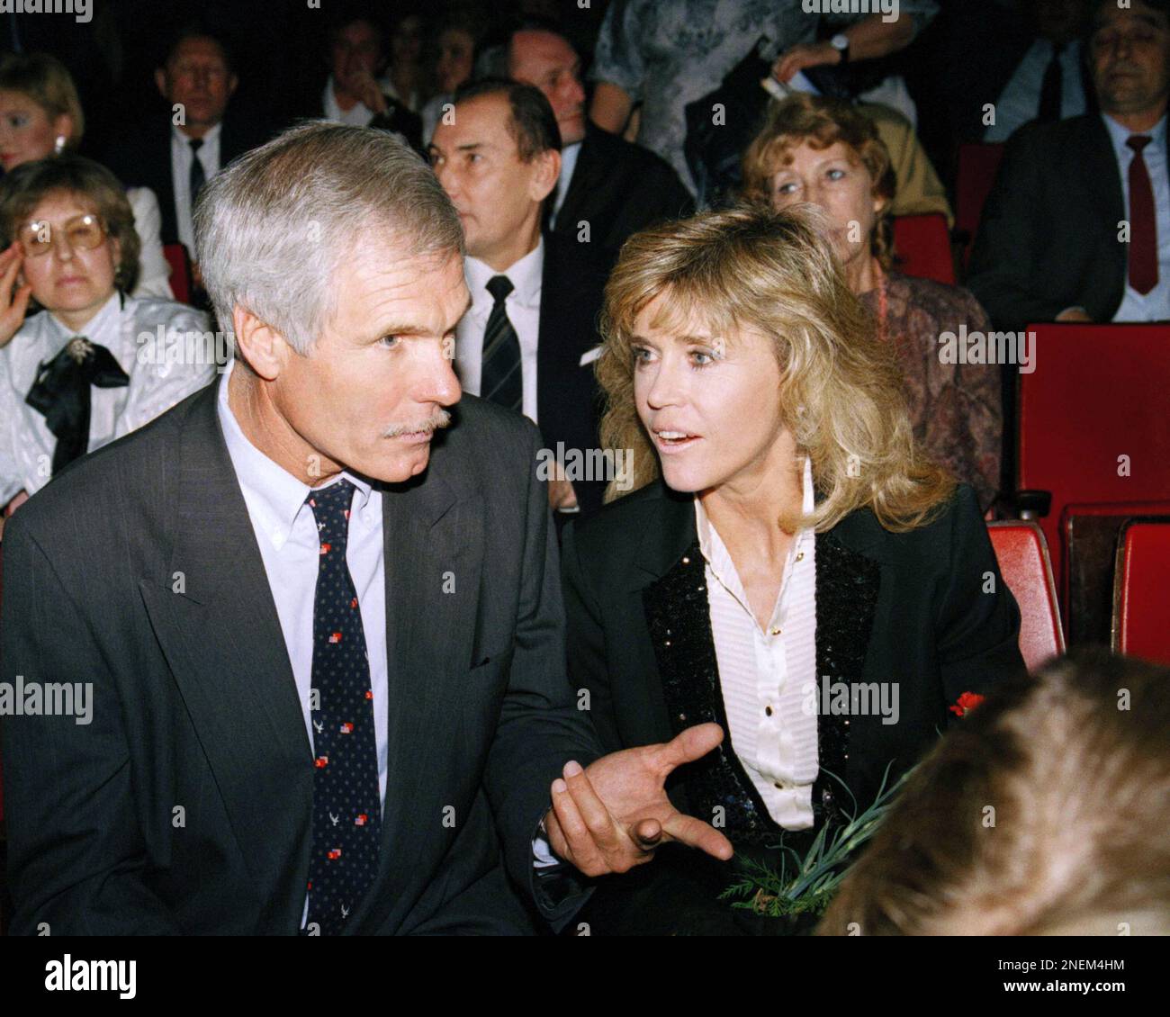 American actress Jane Fonda speaks while American television magnate ...
