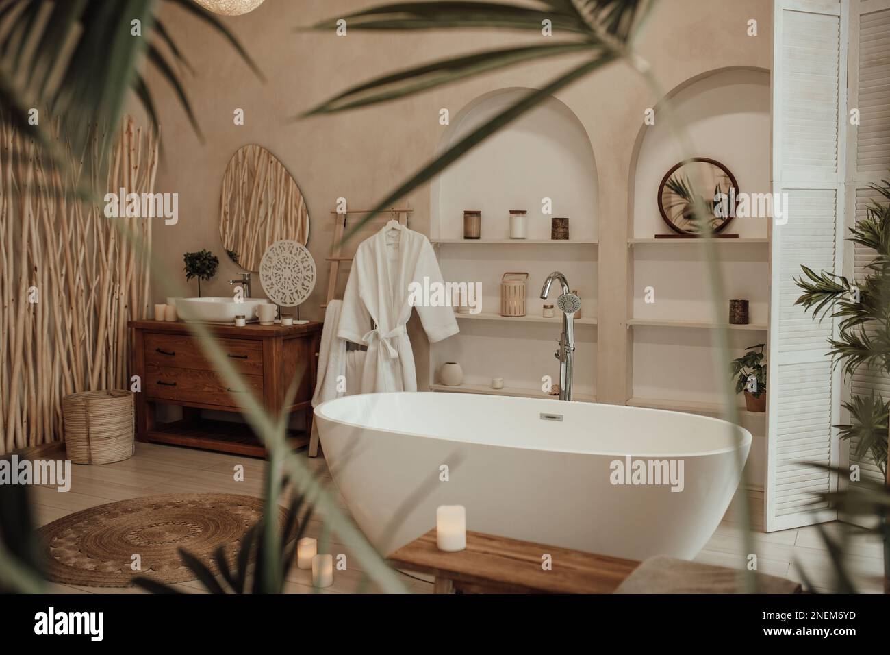 Soft native hues organic shapes look of bathroom with big window oval ...