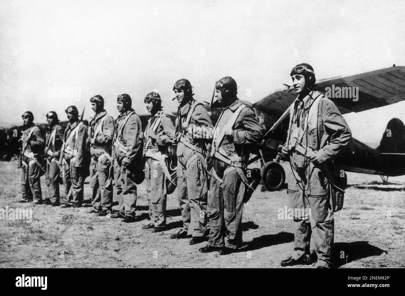 Greek airmen all ready to take off from a flying field, somewhere in ...