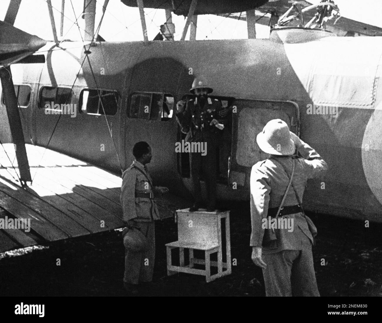 Emperor Haile Selassie descending from an Royal Air Force plane on Feb ...