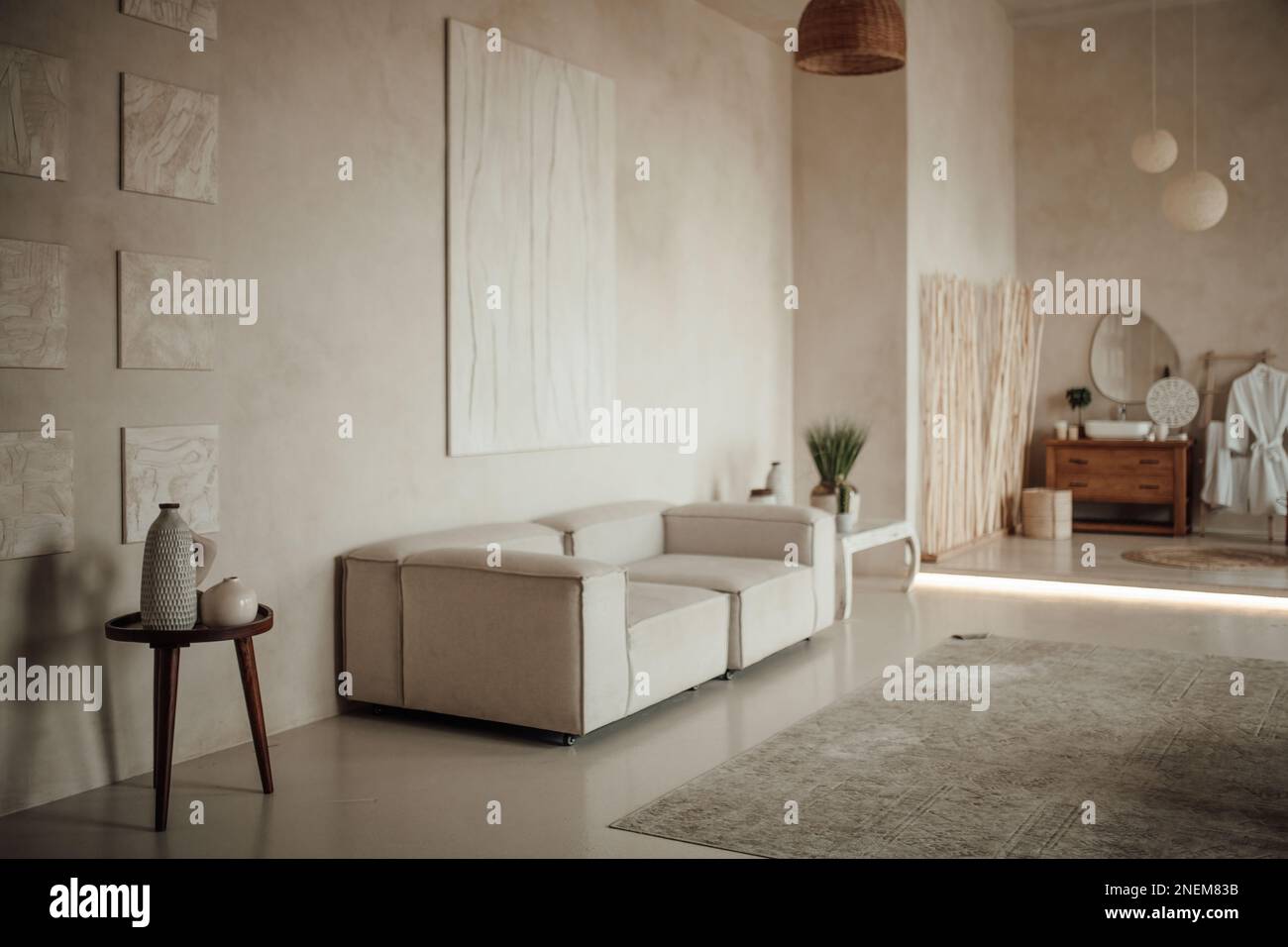 Soft native hues organic shapes look of bathroom with big window oval ...