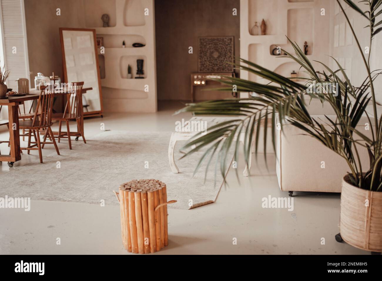 Soft native hues organic shapes look of living room to wood accents in ...