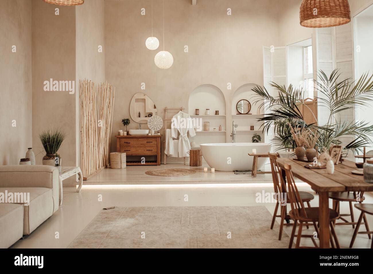 Soft native hues organic shapes look of bathroom with big window oval ...