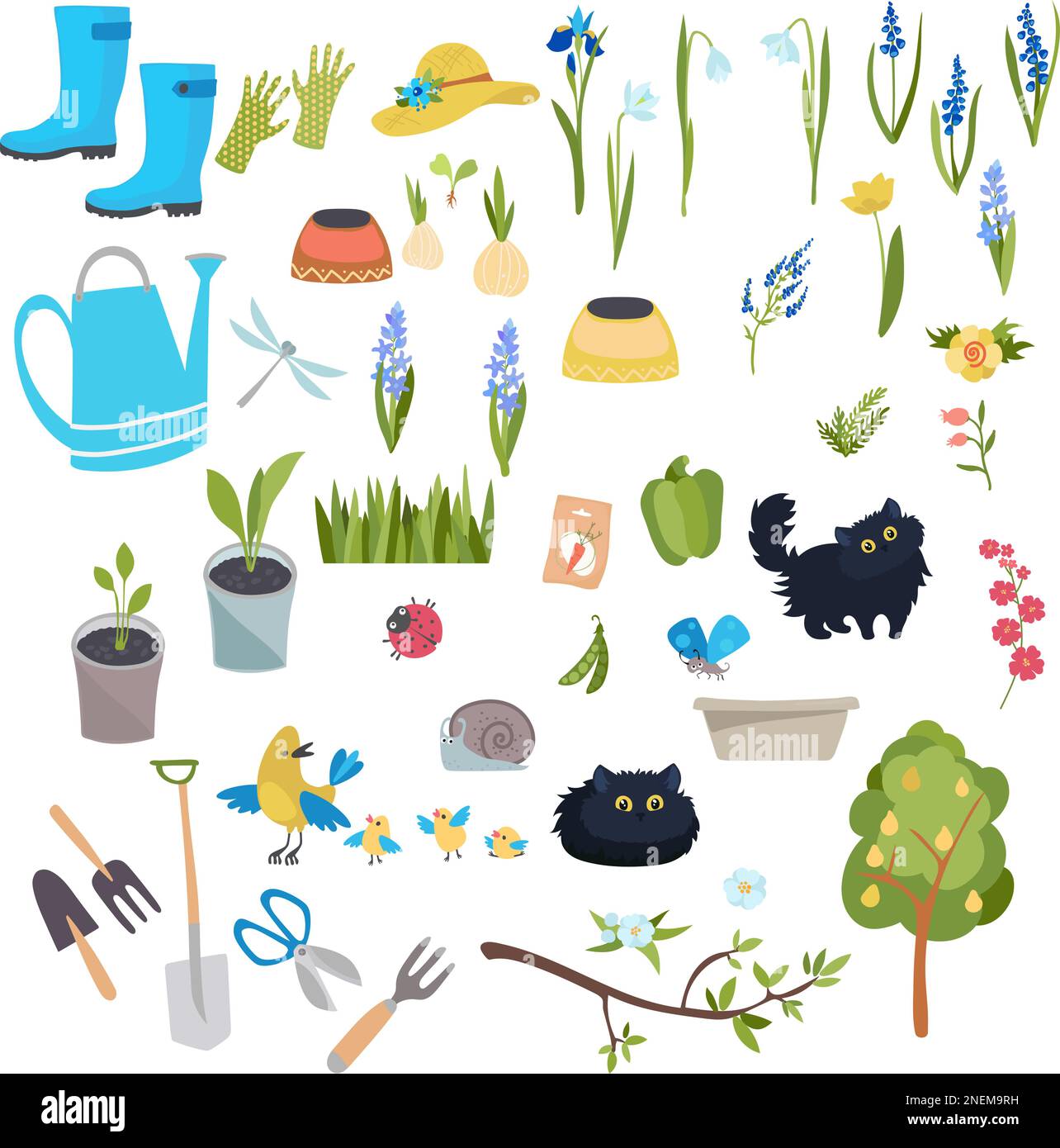 set of elements gardening, spring planting, spring flowers, gardening ...