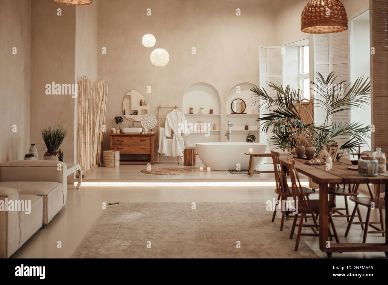 Soft native hues organic shapes look of bathroom with big window oval ...