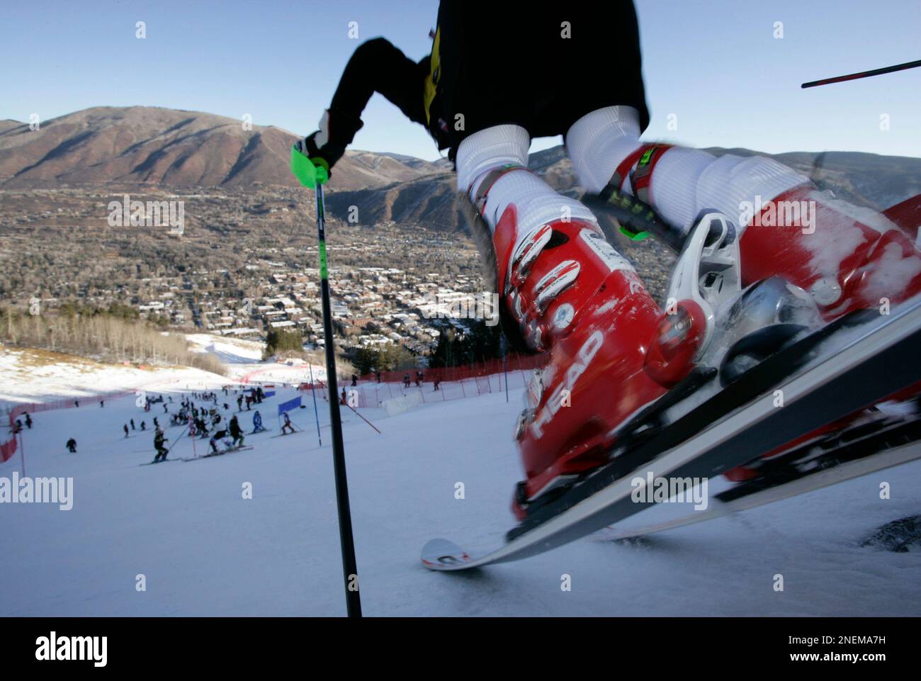A skier practices her entrance at the starting gate during the women's ...