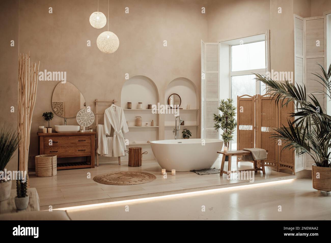 Soft native hues organic shapes look of bathroom with big window oval ...