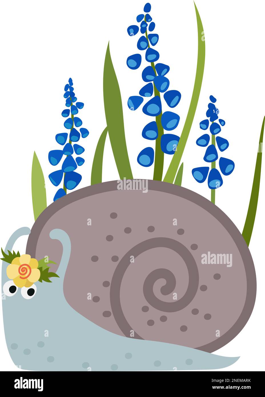 garden snail with blue muscari flowers, spring illustration cartoon ...
