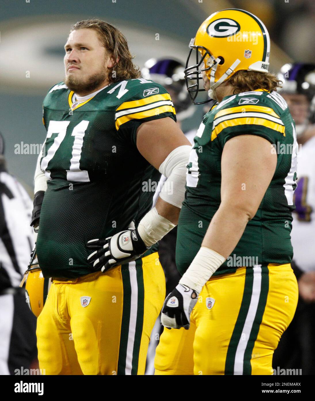Green Bay Packers' Josh Sitton(71) and Mark Tauscher, right, are shown ...