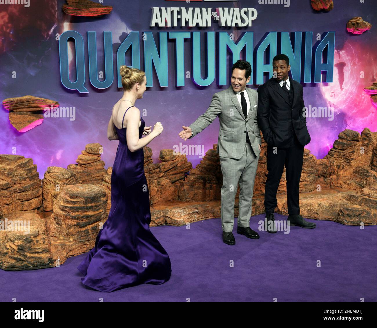 Kathryn Newton, from left, Paul Rudd, and Jonathan Majors pose for photographers upon arrival ...