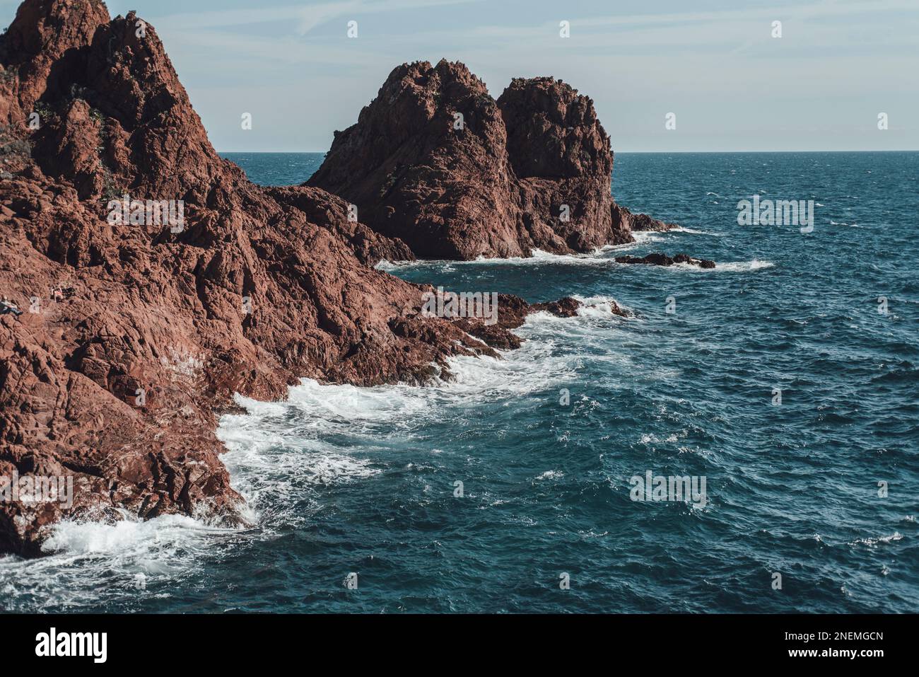 Agay, French Riviera, France. Panorama of the red rocks of the Estérel ...
