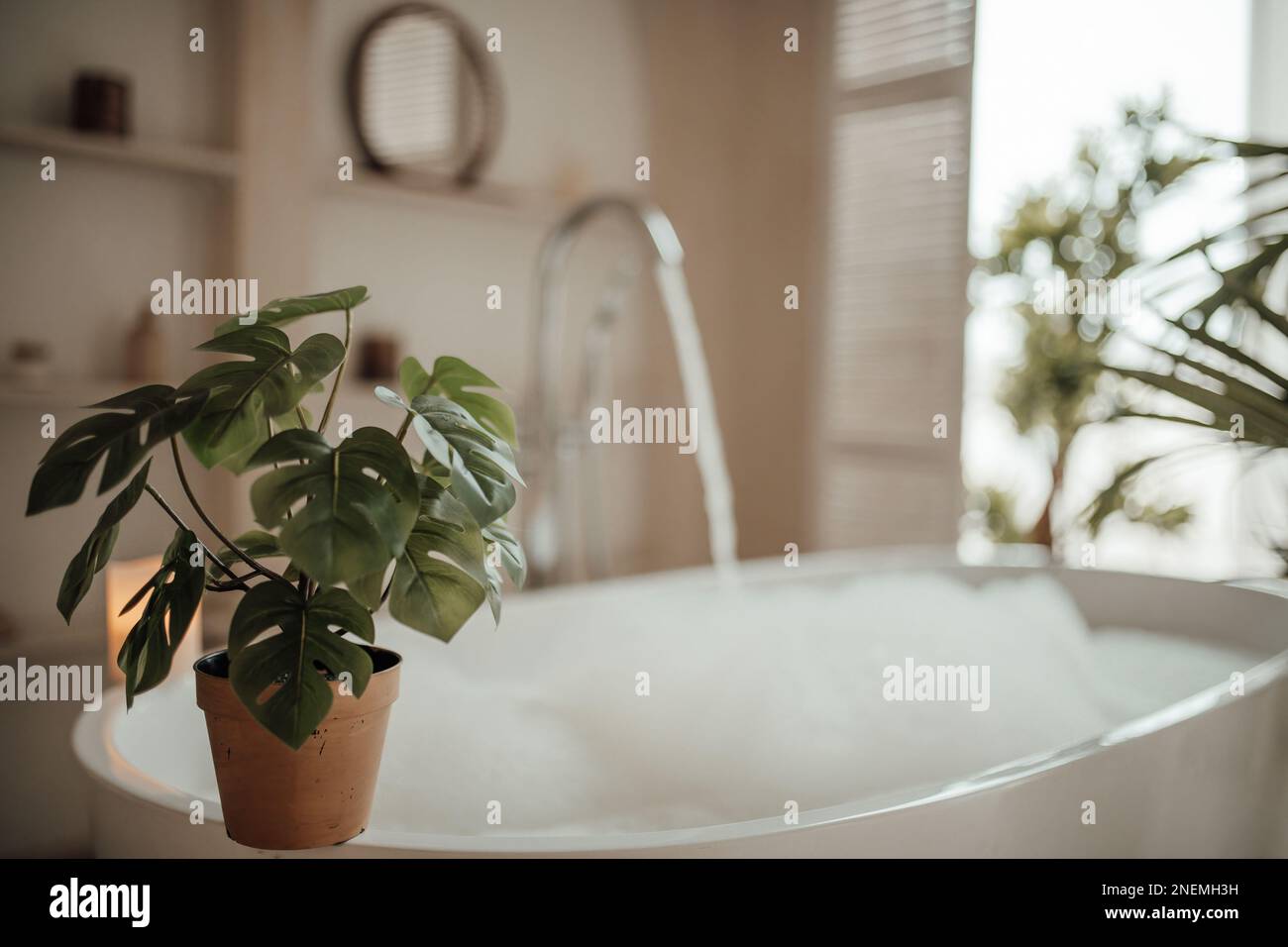 Soft native hues organic shapes look of bathroom with big window oval ...