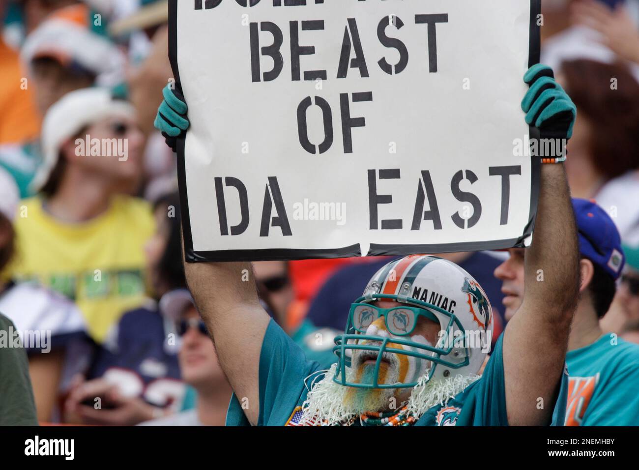 A Miami Dolphins fan holds up a sign during a NFL football game against the New England Patriots in Miami Sunday Dec. 6 2009. AP Photo Lynne Sladky Stock Photo Alamy
