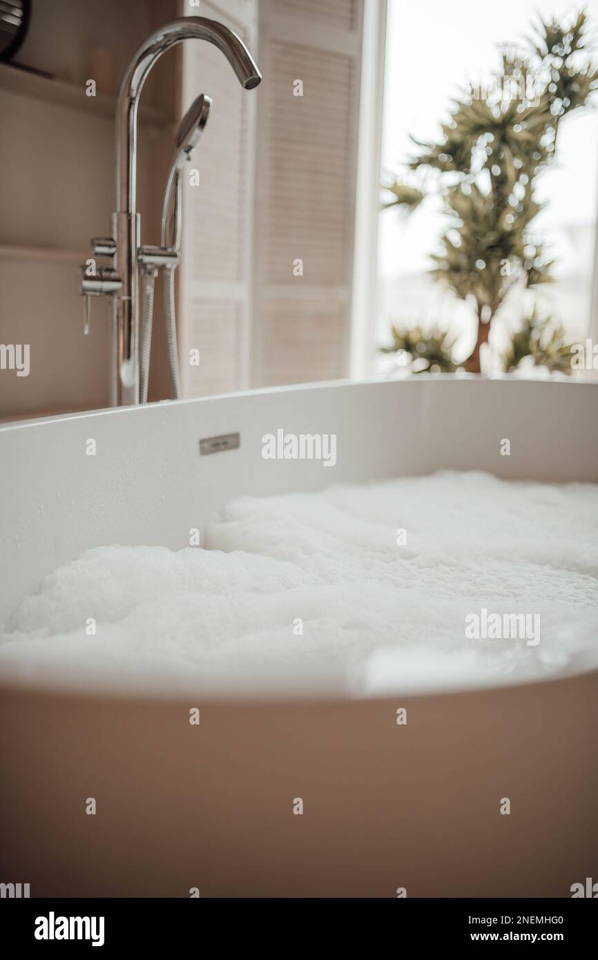 Soft native hues organic shapes look of bathroom with big window oval ...