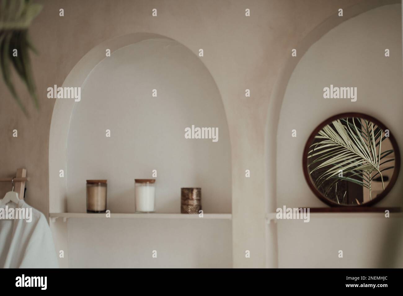 Soft native hues organic shapes look of bathroom with big window oval ...