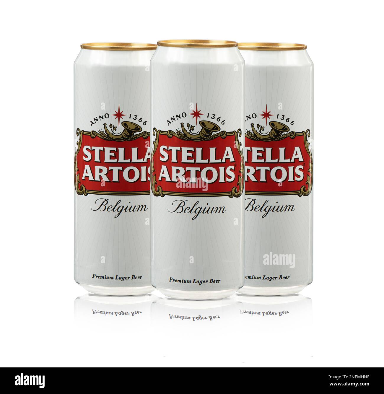 Moscow, Russia - February 13, 2023: Three cans of Belgian beer Stella ...