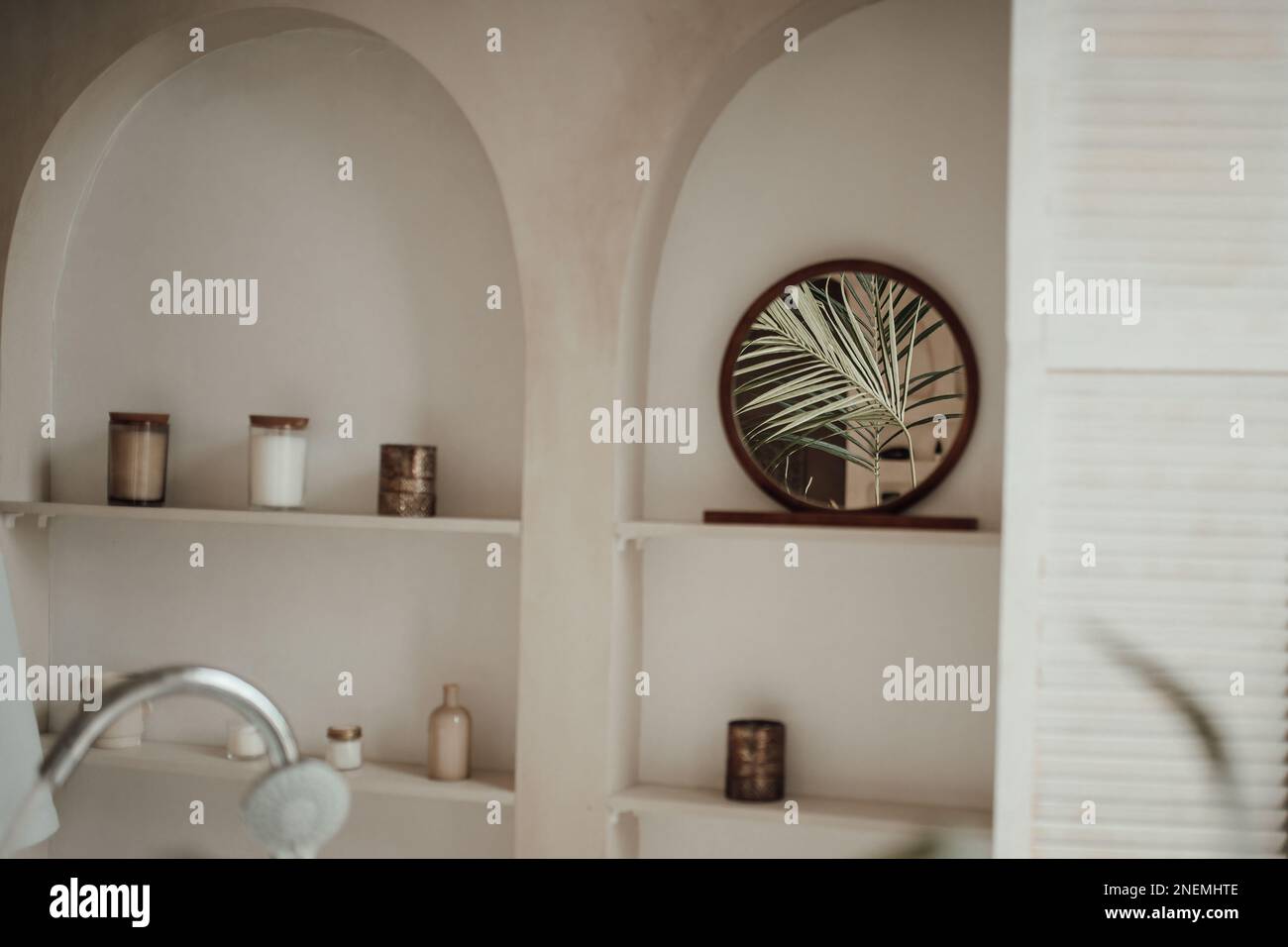 Soft native hues organic shapes look of bathroom with big window oval ...
