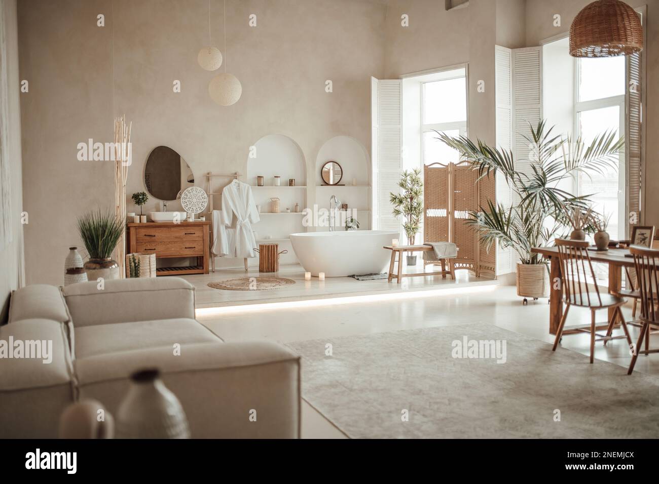 Soft native hues organic shapes look of bathroom with big window oval ...