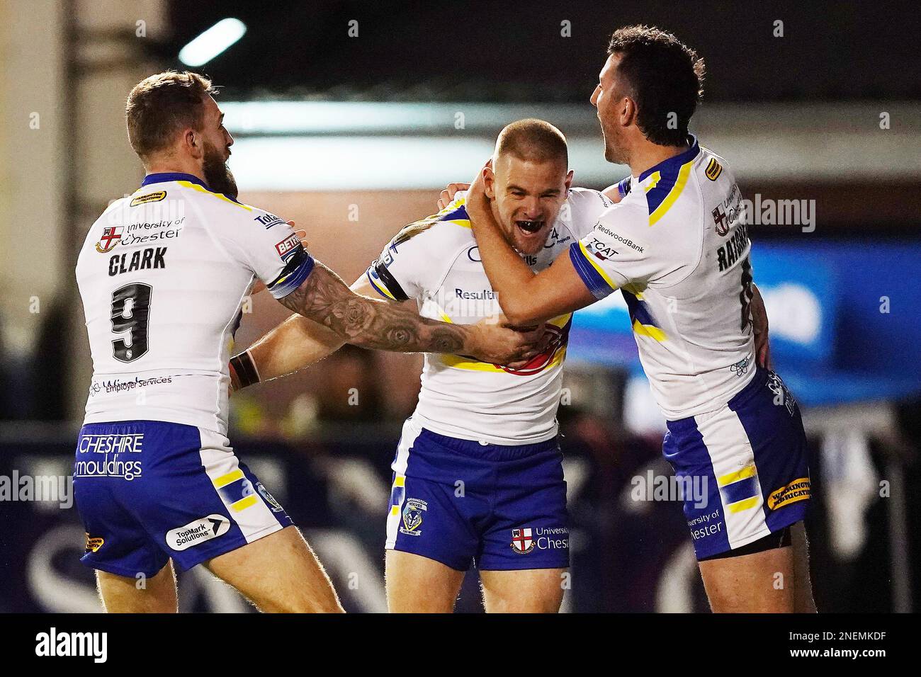 Warrington Wolves' Matt Dufty celebrates scoring a try during the ...