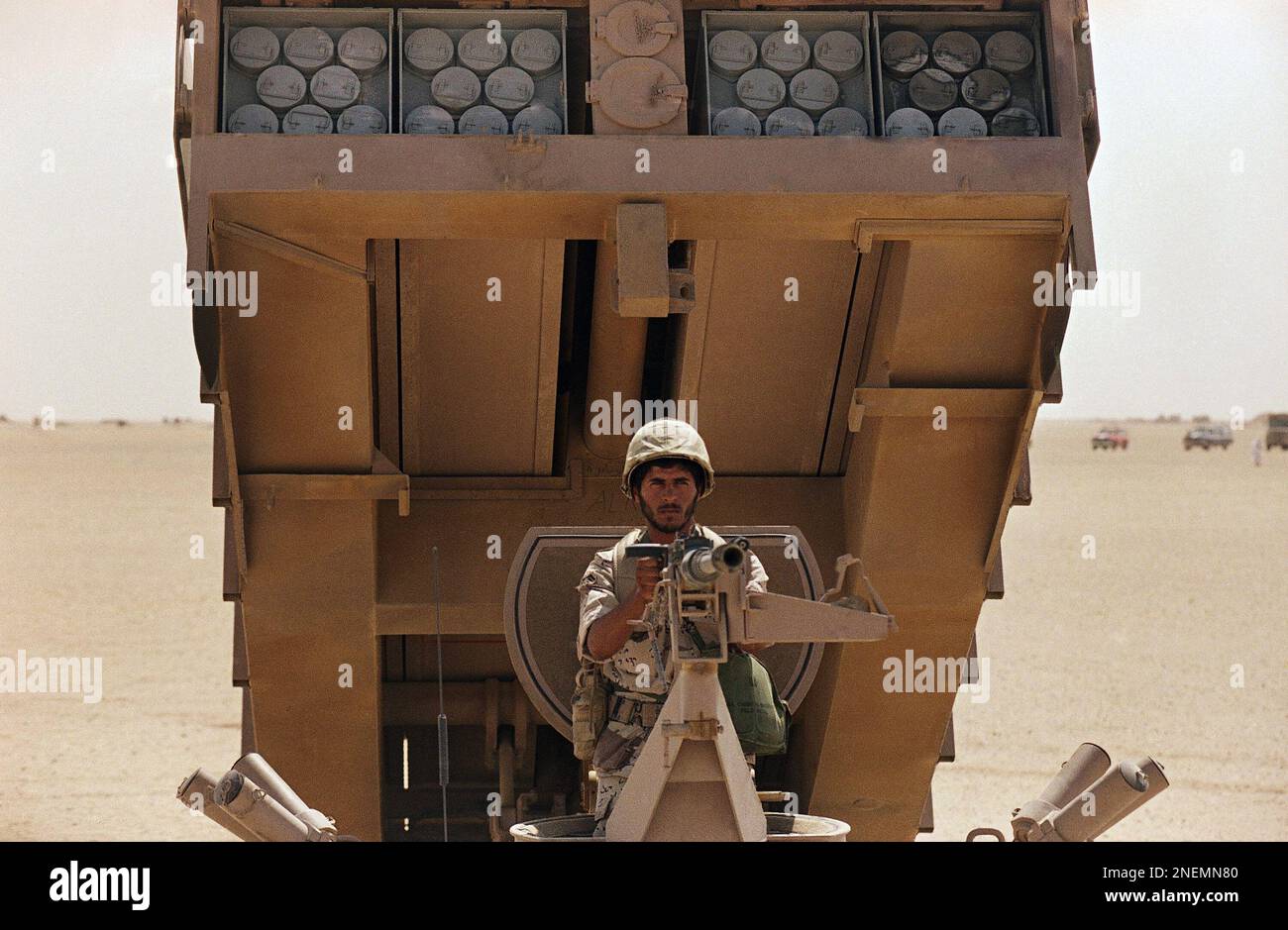 A Saudi soldier mans a 50 caliber machine gun mounted on a Brazilian ...