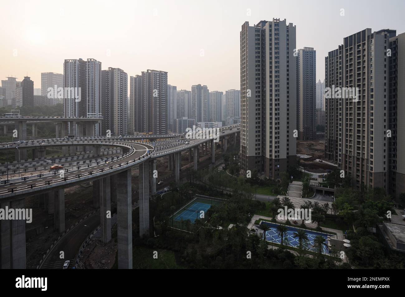 03.08.2012 2012, Chongqing, China, Asia - New housing development with high-rise residential ...