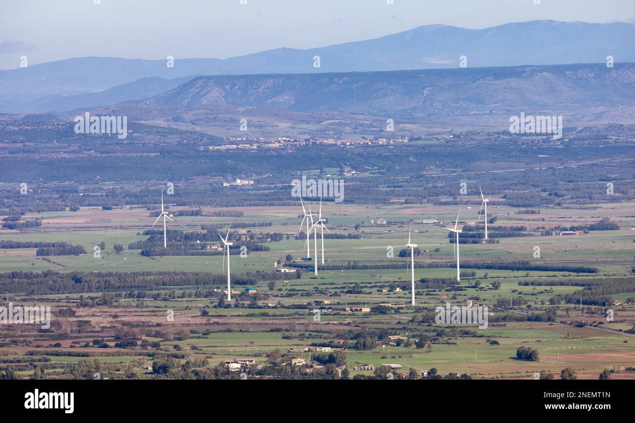 Wind Turbines and Famrs near Small Town in the Countryside, Guspini ...