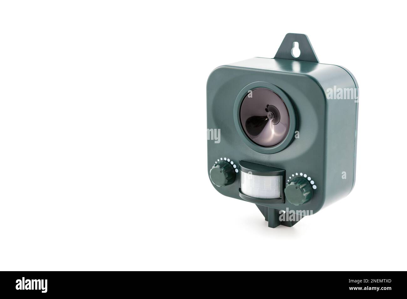 Green ultrasonic pest repeller isolated on a white background. Battery ...