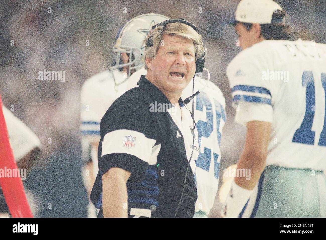 Dallas Cowboys coach Jimmy Johnson, yells at a referee during the ...