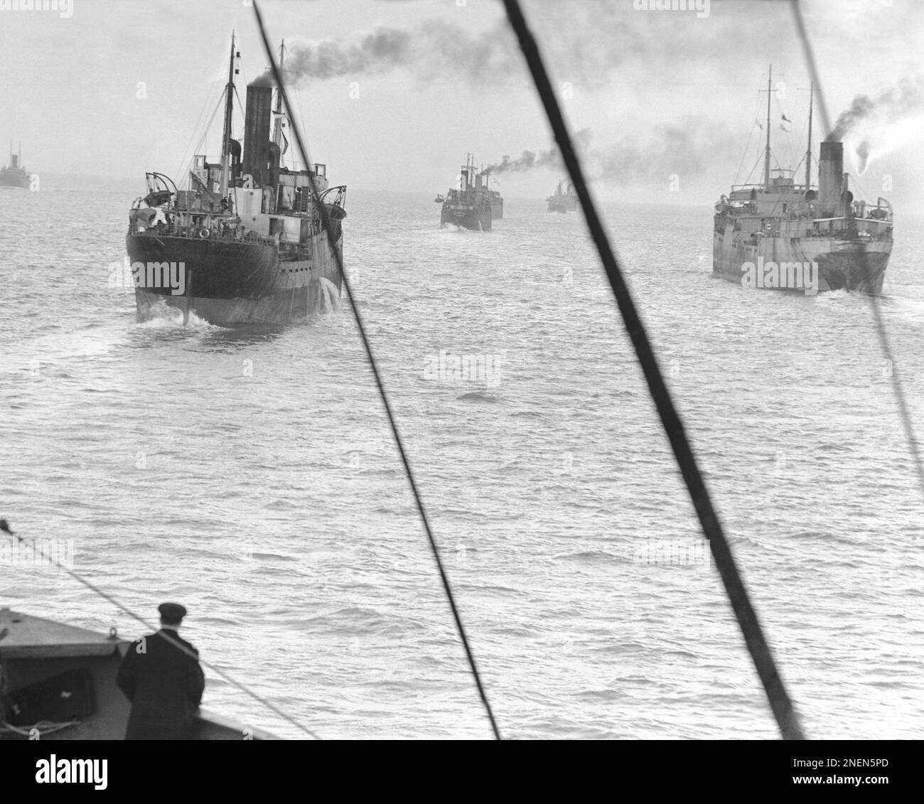 Ships of a British convoy, stretching as far as the eye can see, moving ...