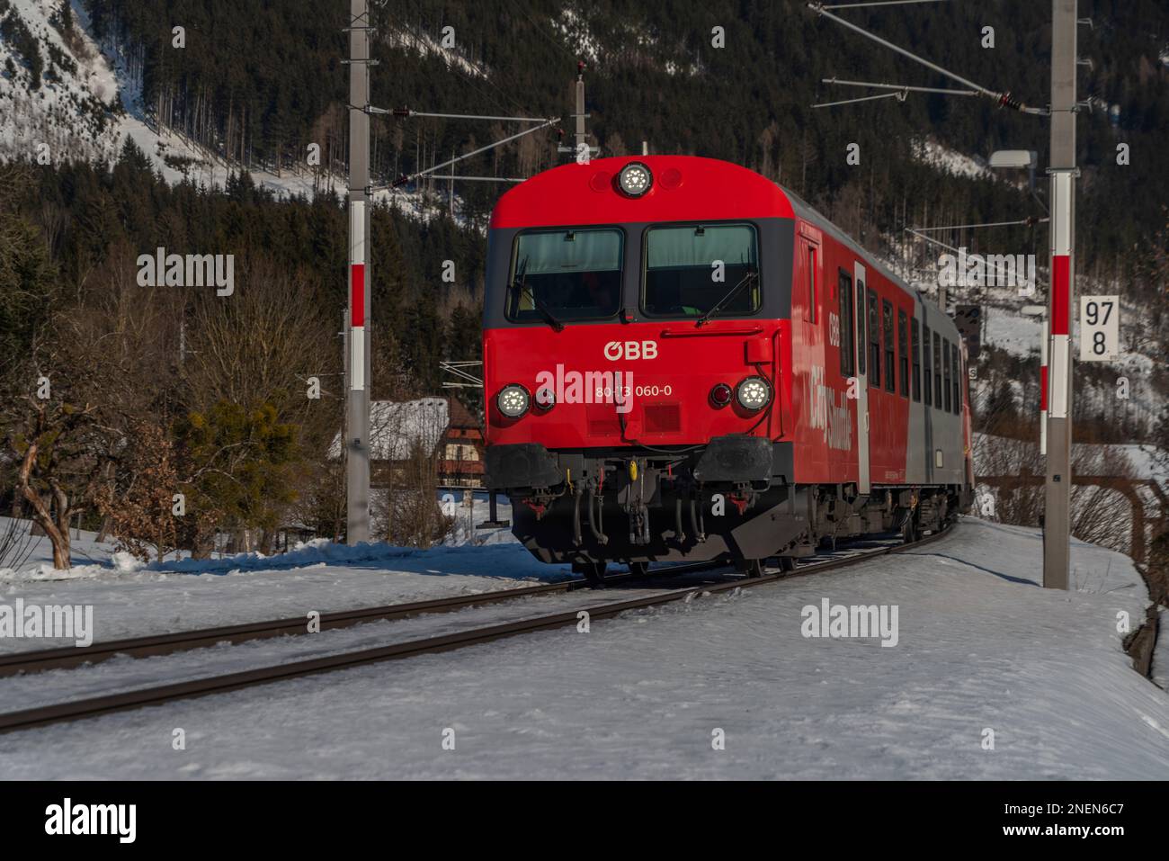 Austria red fast nice passenger trains in Ardning station 02 10 2023 ...