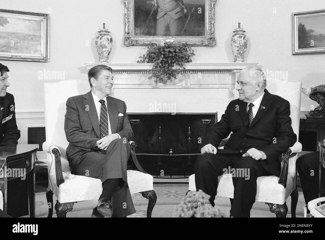 President Ronald Reagan talks with Soviet Politburo member Vladimir ...