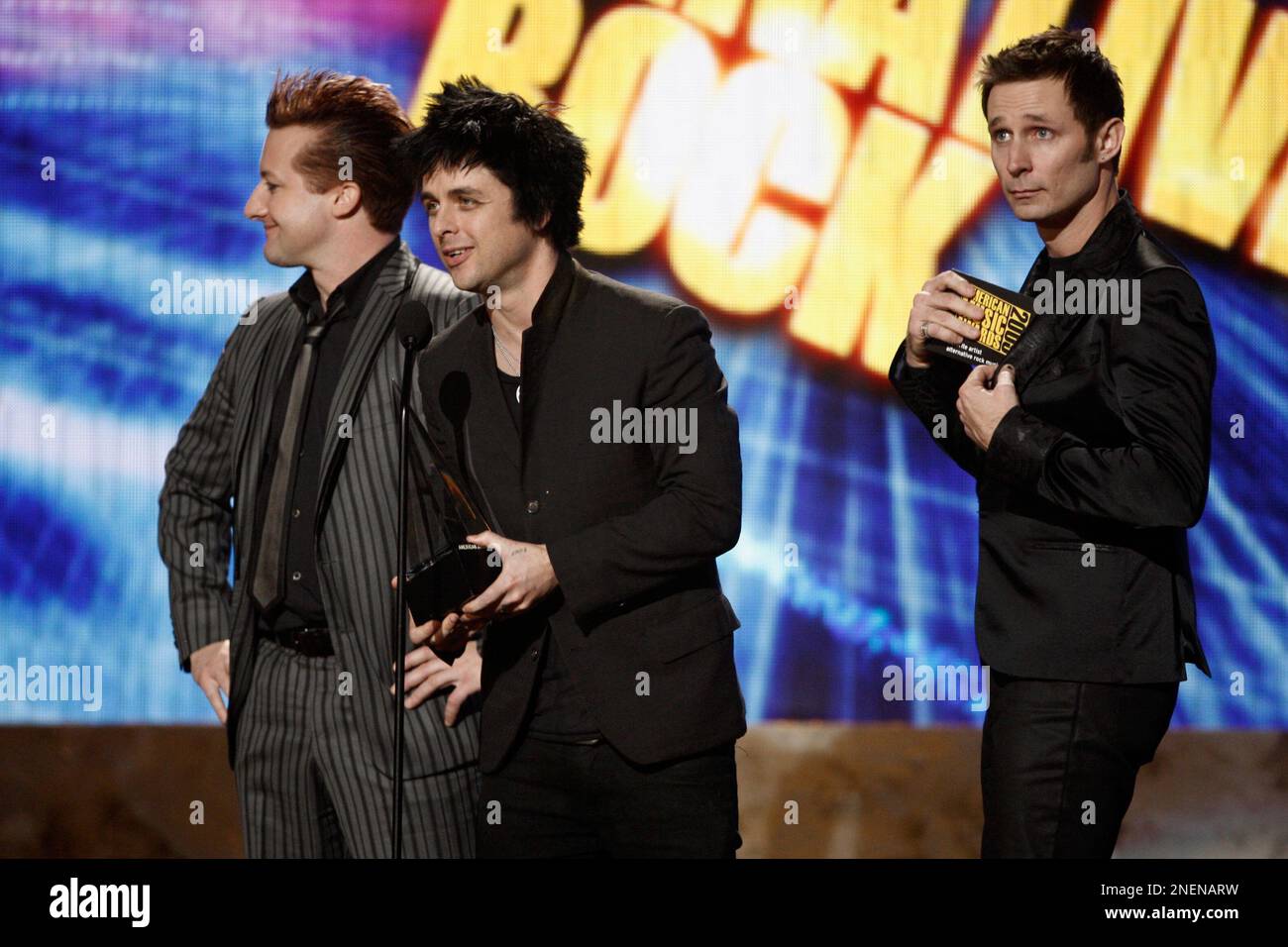 Greenday band members, from left, Tre Cool, Billie Joe Armstrong and ...