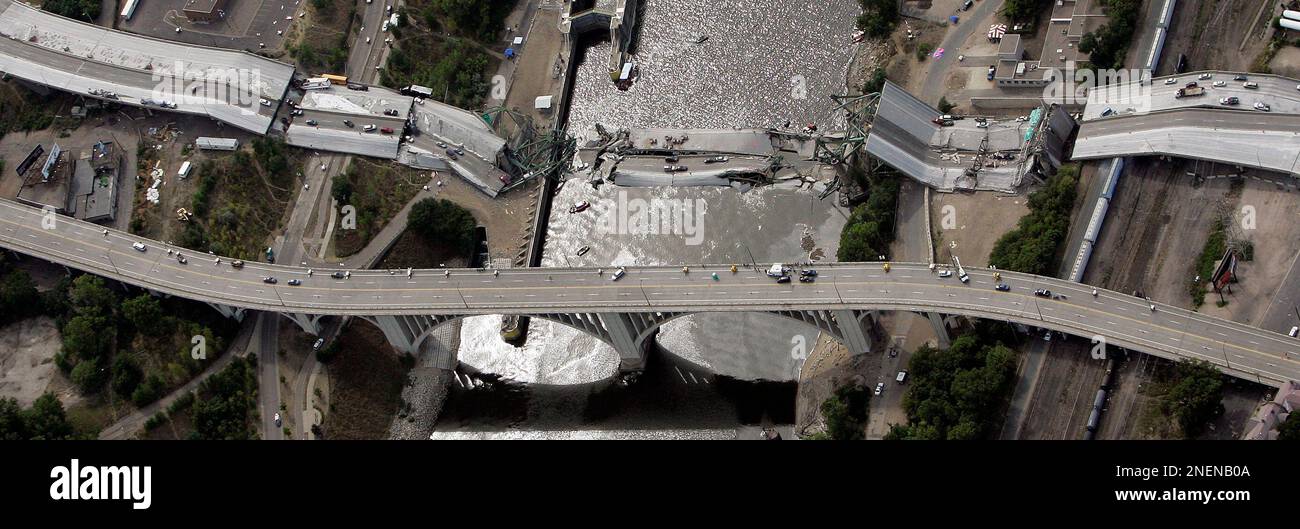 An aerial view of the Interstate 35W bridge that collapsed over the ...