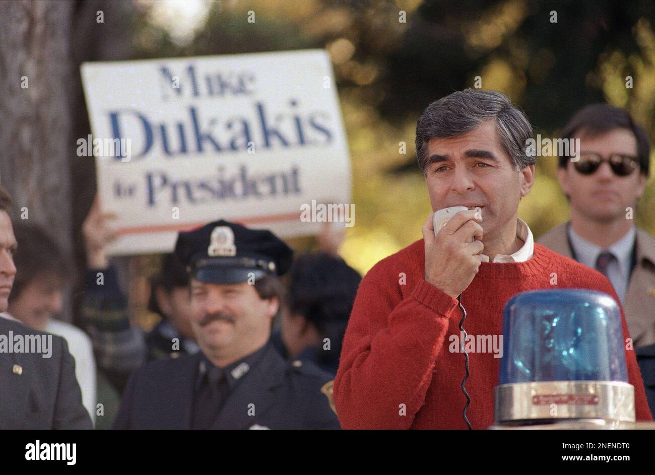 Democratic presidential candidate Michael Dukakis speaks on a police ...
