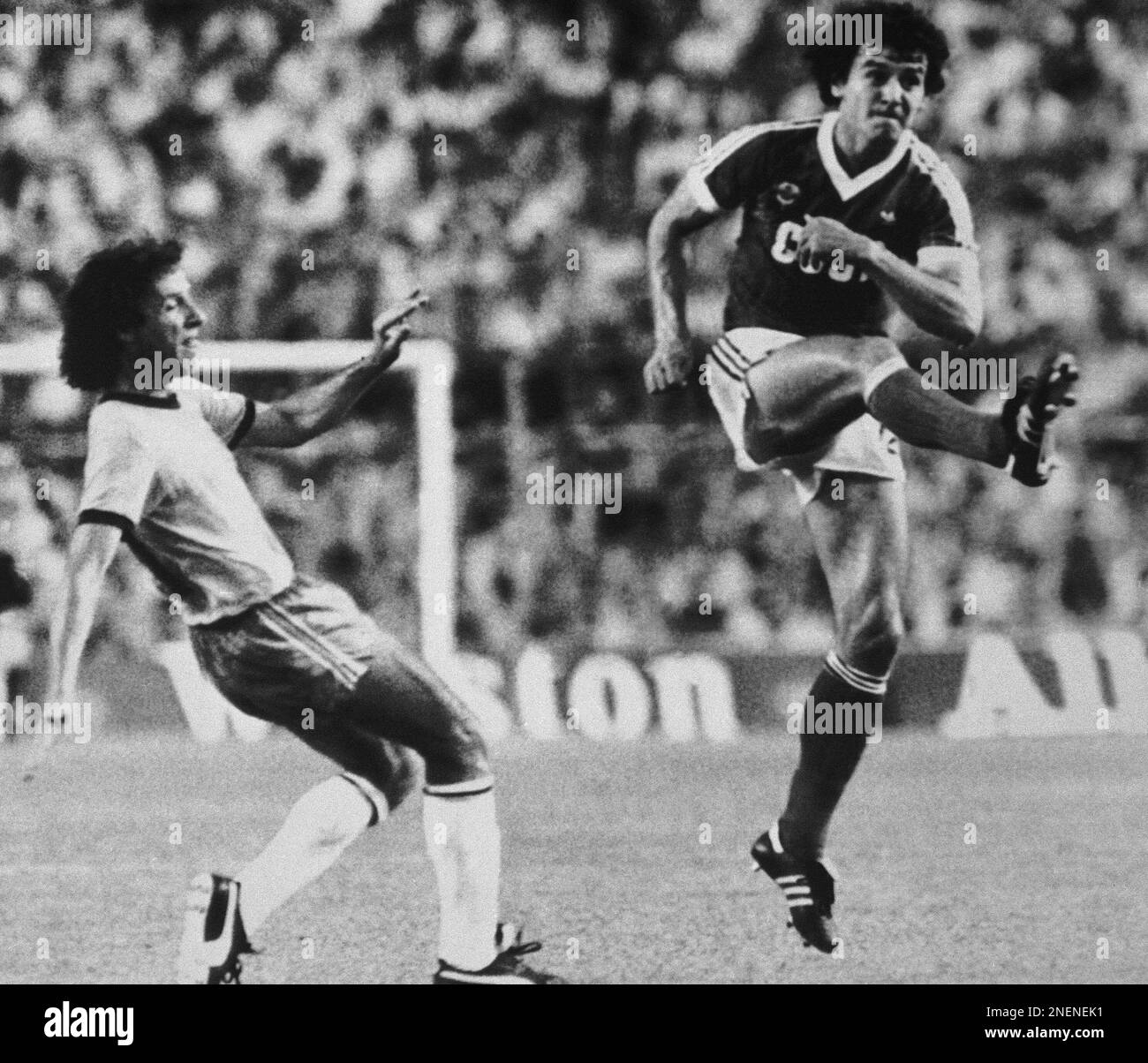 Soviet player Andrei Bal, right, scores the first goal for his team ...